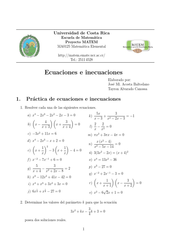 MATEM MA0125 Práctica de Ecuaciones e Inecuaciones | PDF | Ecuaciones | Factorización