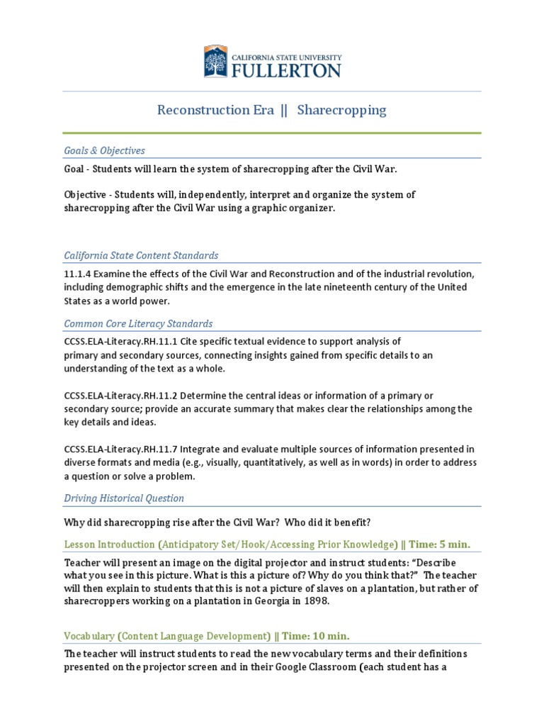 Social Studies Lesson Plan Sharecropping | PDF | Teachers | Information