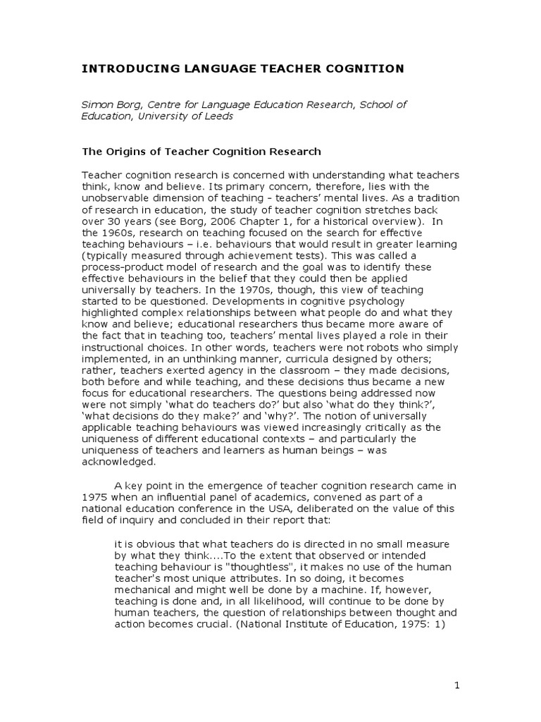 Understanding Language Teacher Cognition | PDF | Second Language ...