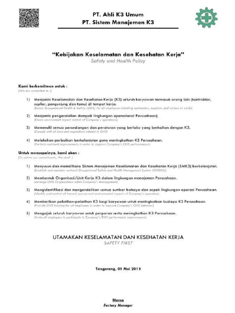 Kebijakan K3 Sample | PDF