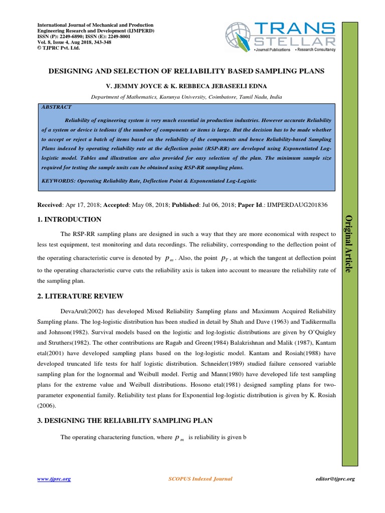 Designing and Selection of Reliability Based Sampling Plans: V. Jemmy Joyce & K. Rebbeca ...