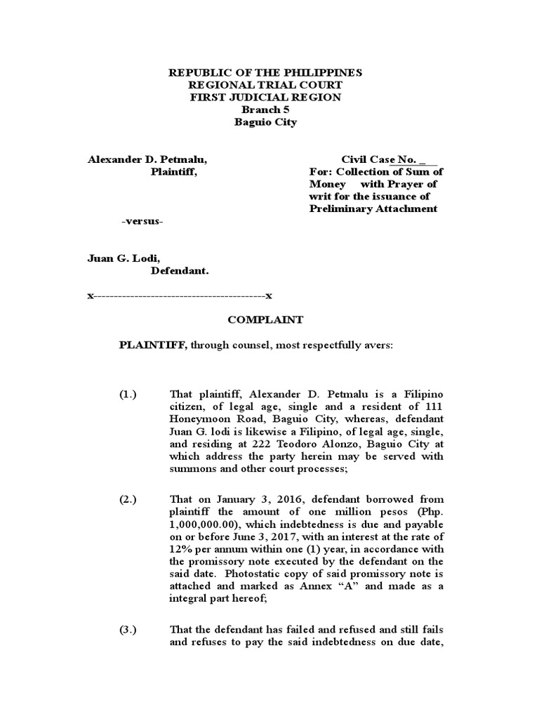 Complaint for Collection of Debt | PDF | Lawsuit | Judiciaries
