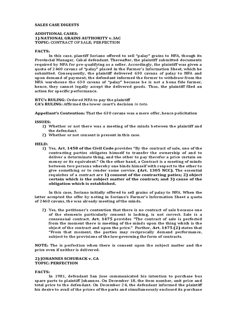 Sales Case Digests | PDF | Deed | Consent