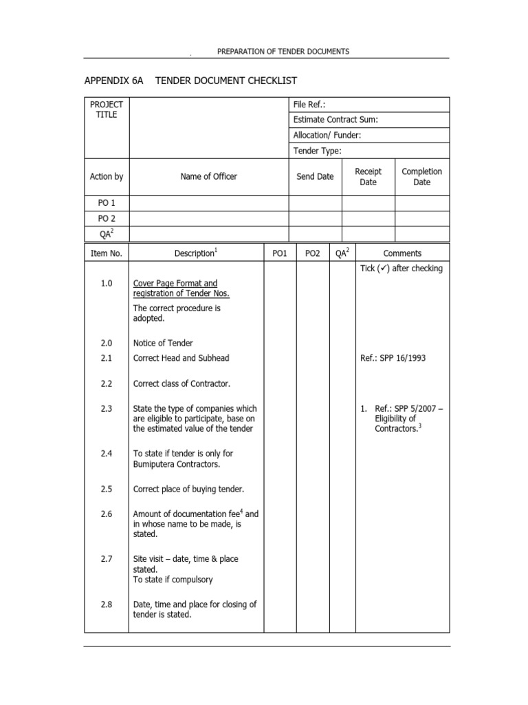 Appendix 6A Tender Document Checklist: Chapter 6 - Preparation of ...