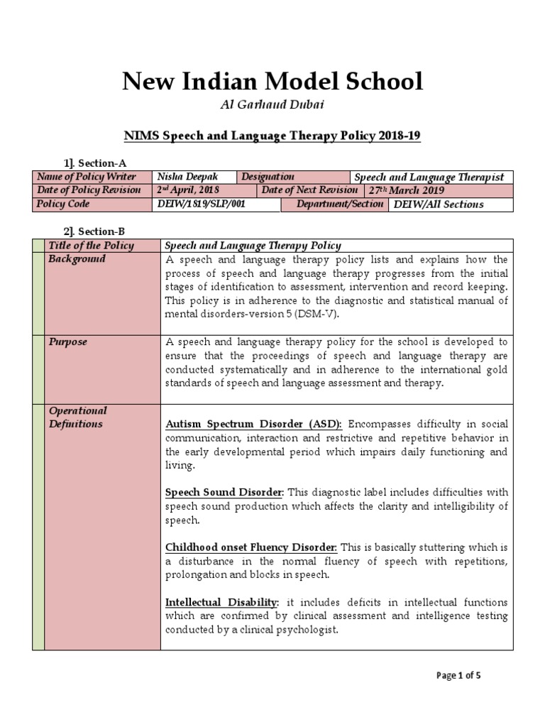 NIMS Speech Therapy Policy Overview | PDF | Special Education | Speech ...