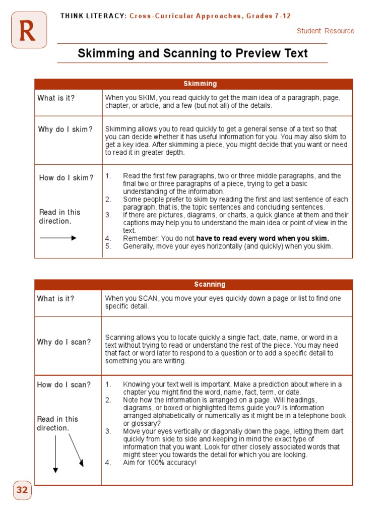 Reading - Skimming and Scanning Chart | PDF | Speed Reading | Epistemology