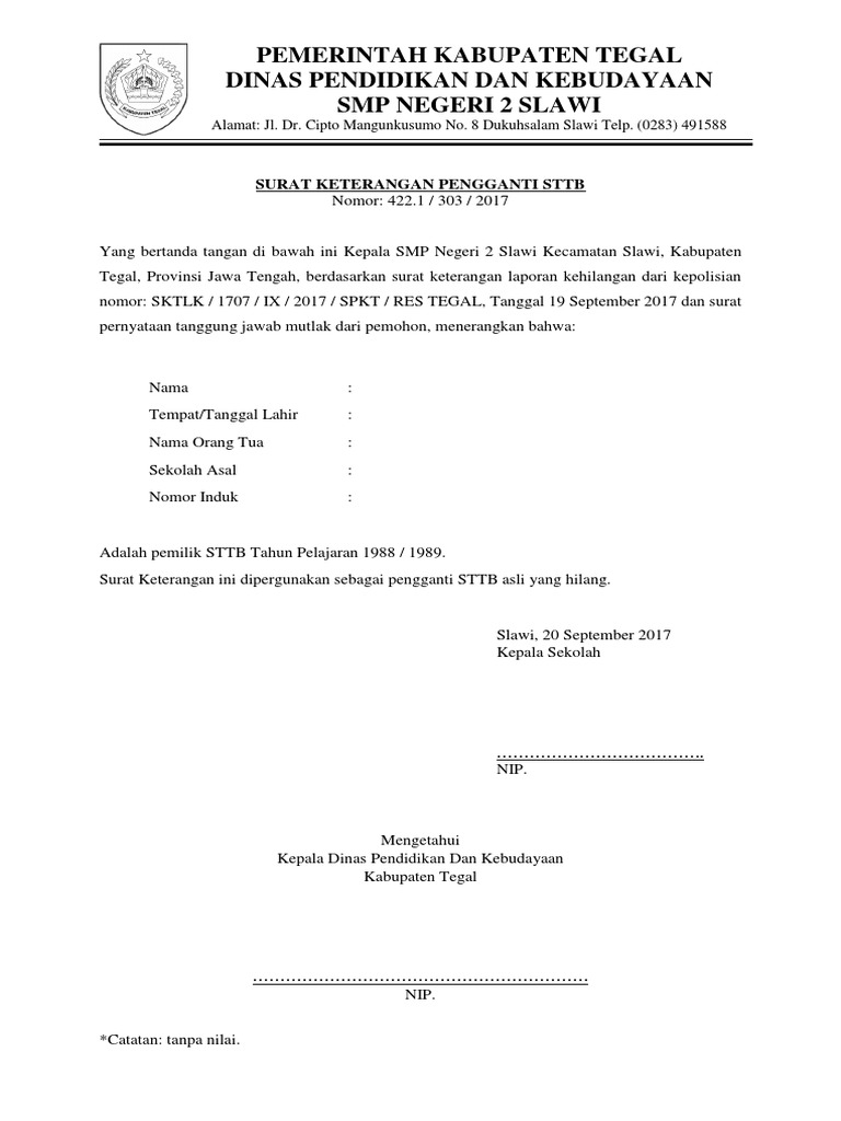 Surat Keterangan Pengganti STTB | PDF