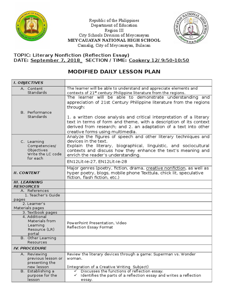 Modified Daily Lesson Plan: Meycauayan National High School | PDF | Essays | Lesson Plan