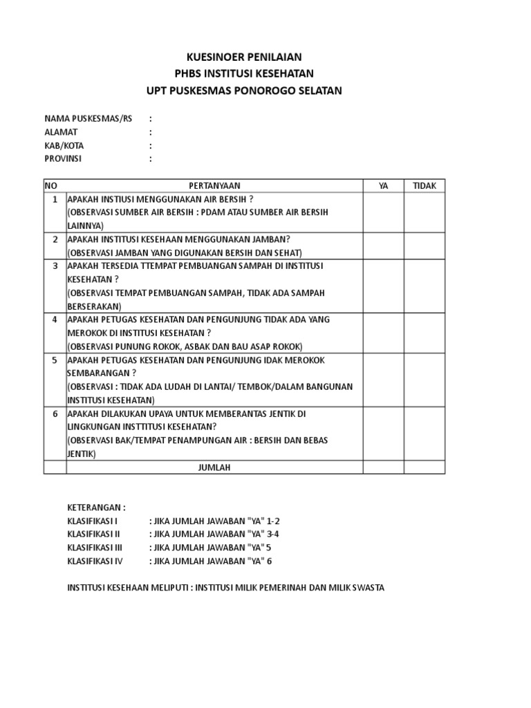 Form Kuesioner Phbs Institusi Kesehatan | PDF