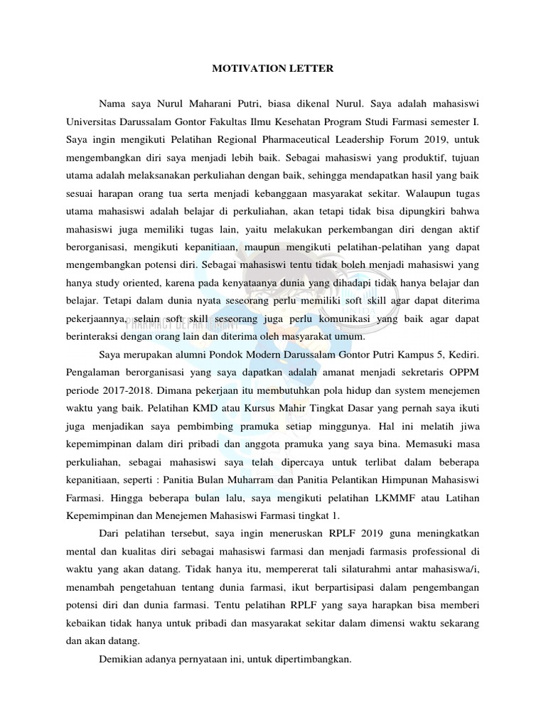Contoh Motivation Letter LKMMF 2