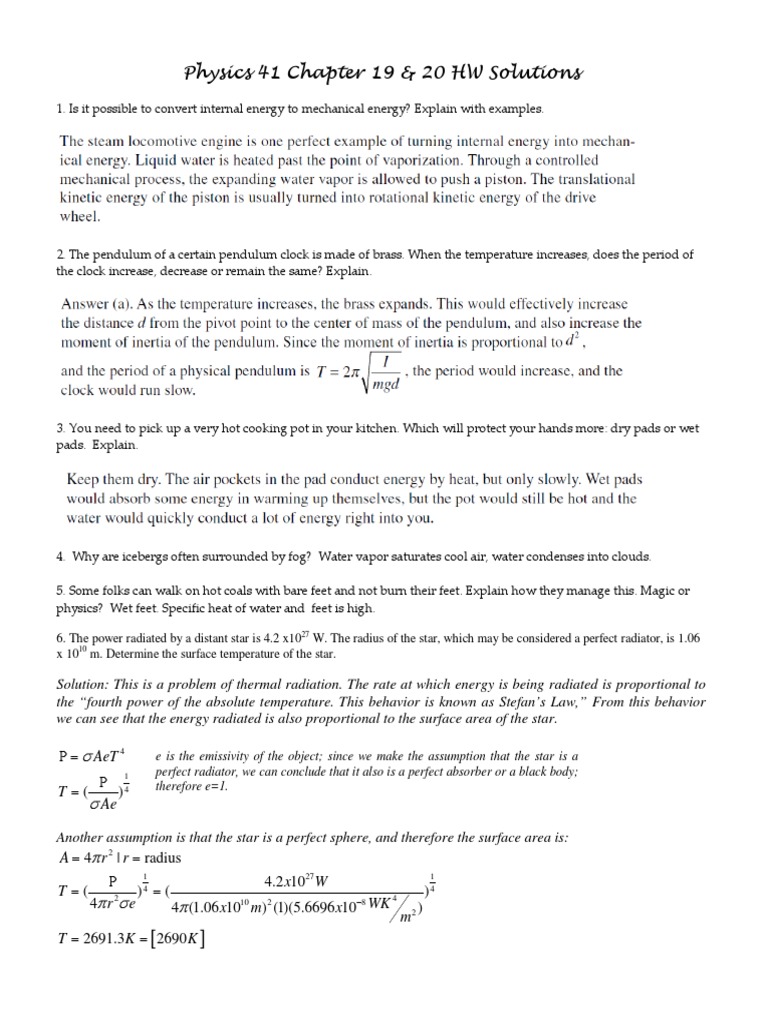 Physics 41 Chapter 19 & 20 HW Solutions: Aet T Ae | PDF | Mechanics ...