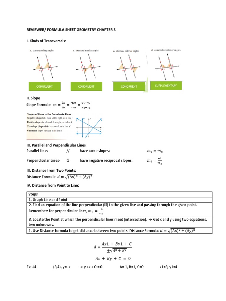 Reviewer Formula Sheet Geometry Chapter 3 | PDF