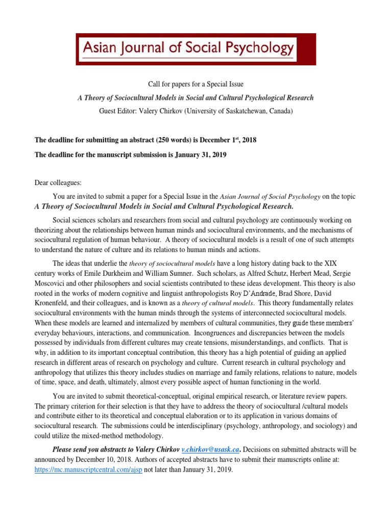 AJSP Call For Papers Special Issue SocioculturalModels PDF | PDF ...