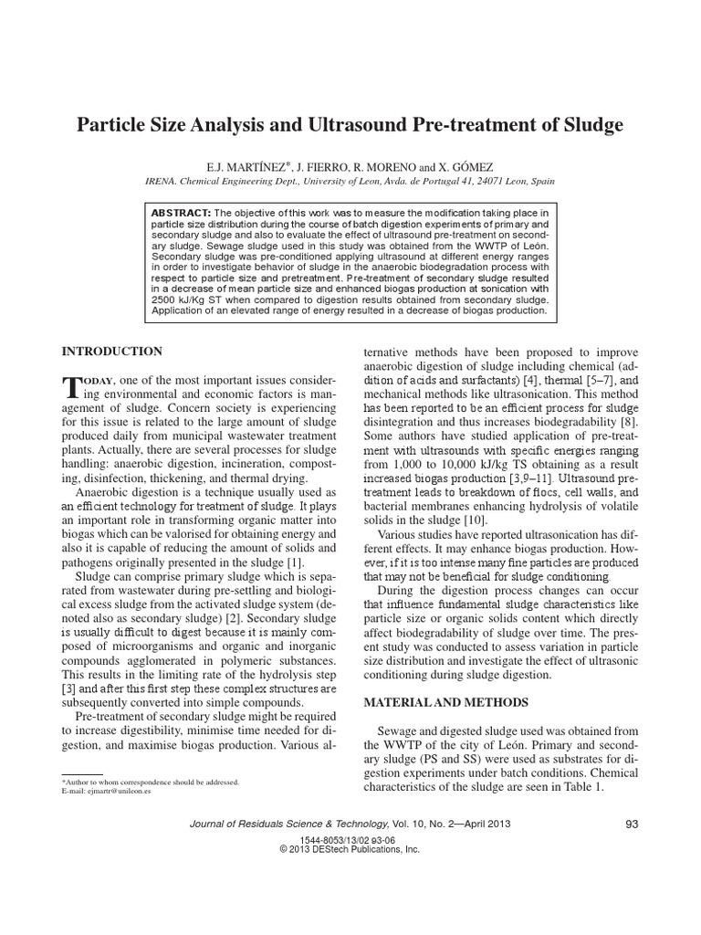 Particle Size Analysis and Ultrasound Pre-Treatment of Sludge | PDF ...