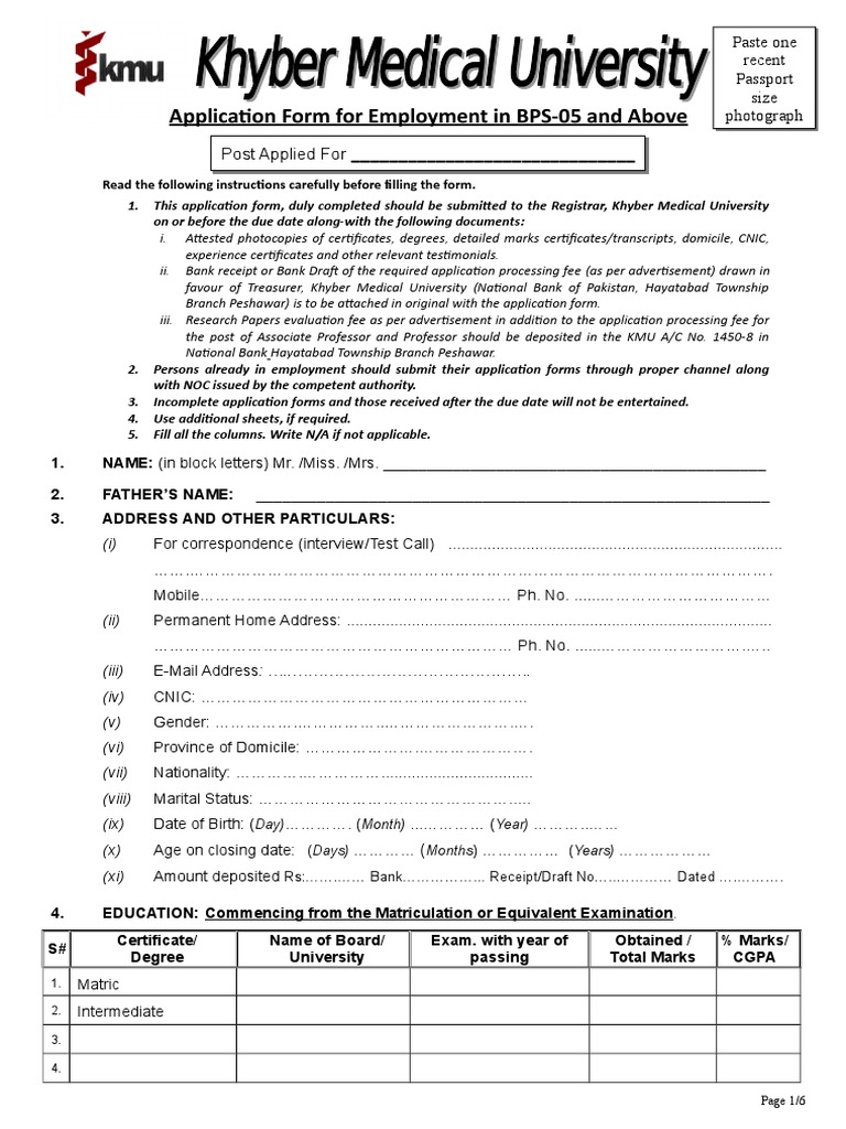 KMU Job Application Form For BPS 05 and Above | PDF | Doctor Of ...