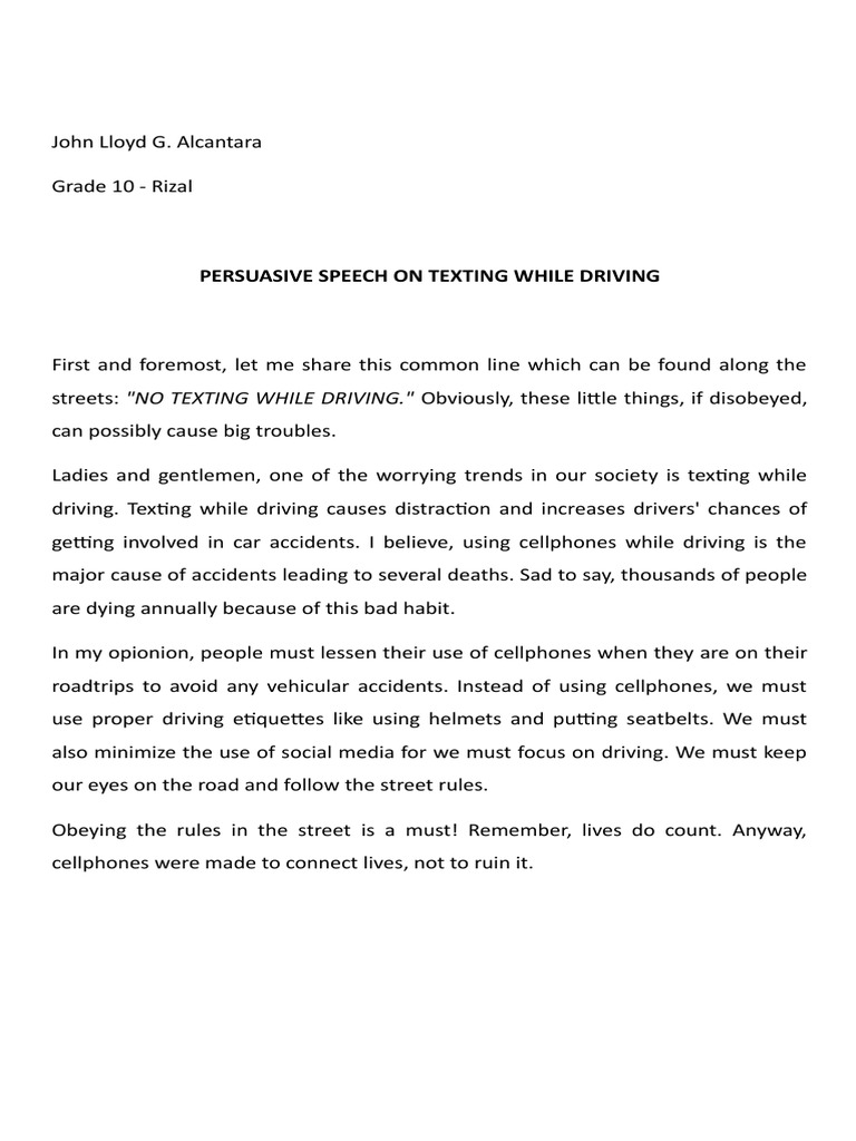 Persuasive Speech On Texting While Driving | PDF