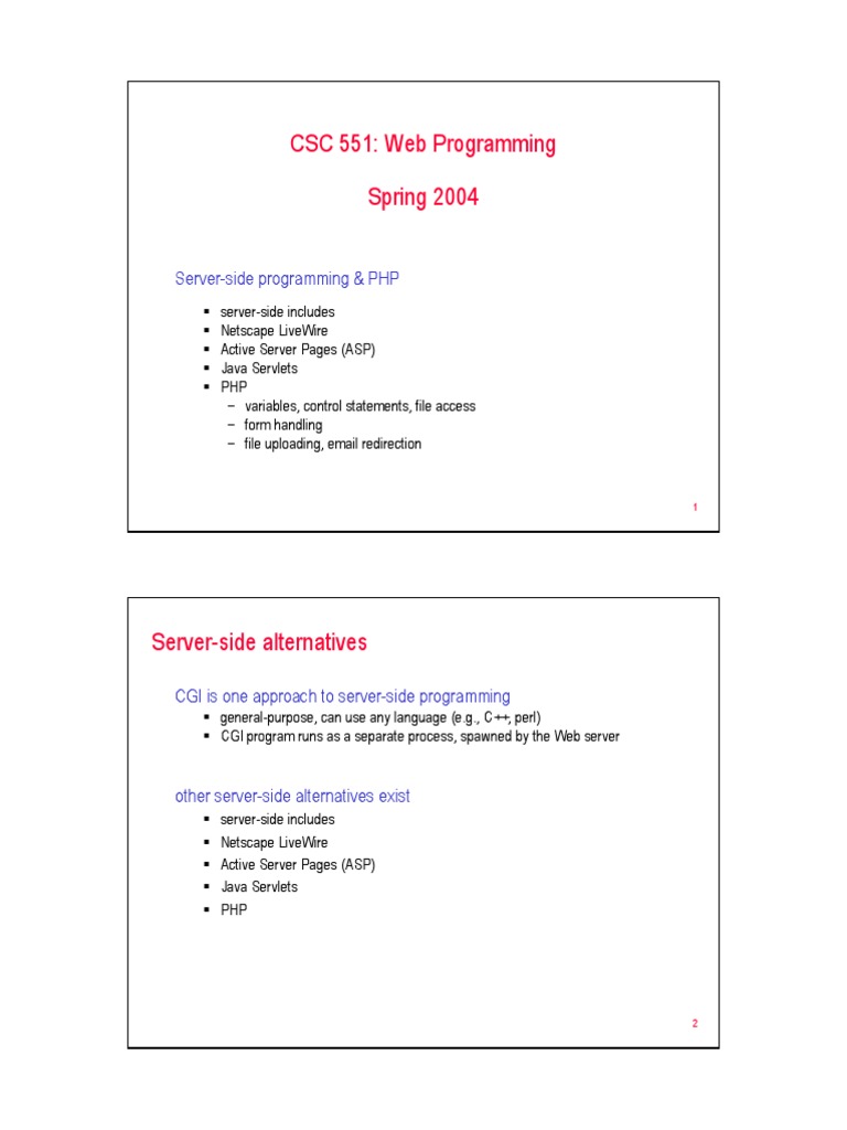 Csc 551 Web Programming Spring 2004 Server Side Programming And Php Pdf Java Servlet Php 