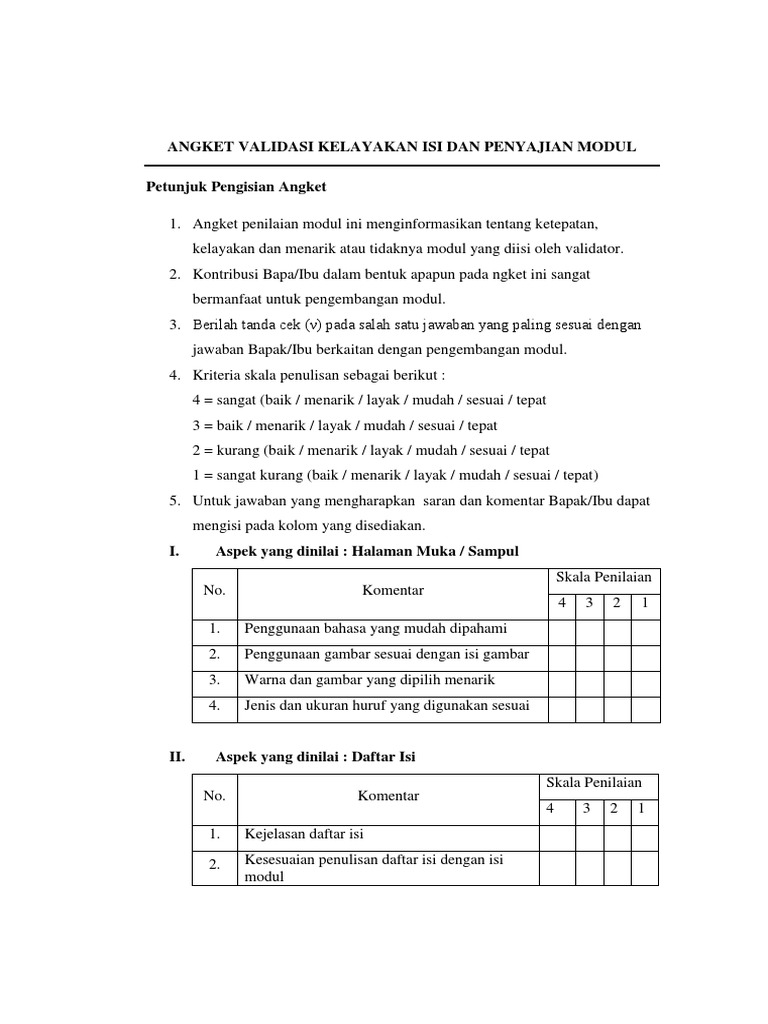 Angket Validasi Kelayakan Isi Dan Penyajian Modul | PDF