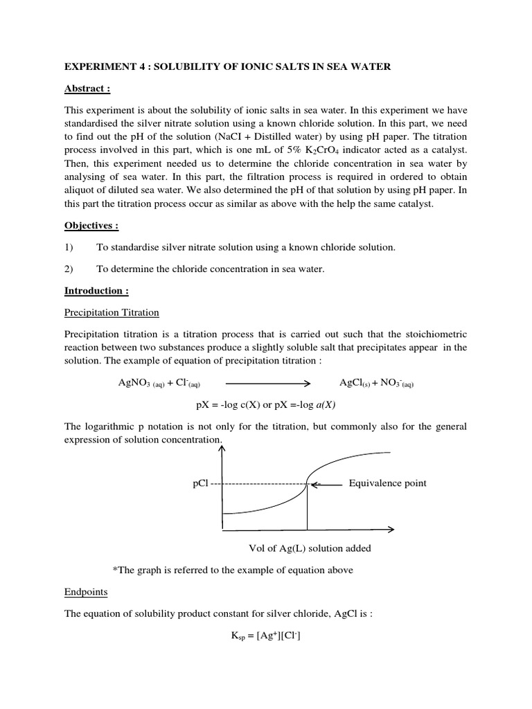 Exp 4 Solubility of Ionic Salts in Sea Water Chm421 | PDF | Titration ...