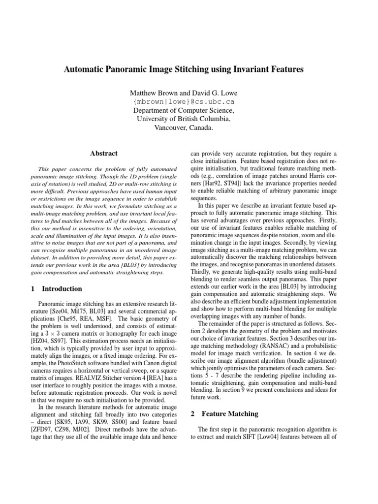 Automatic Panoramic Image Stitching Using Invariant Features | PDF | Imaging | Teaching Mathematics