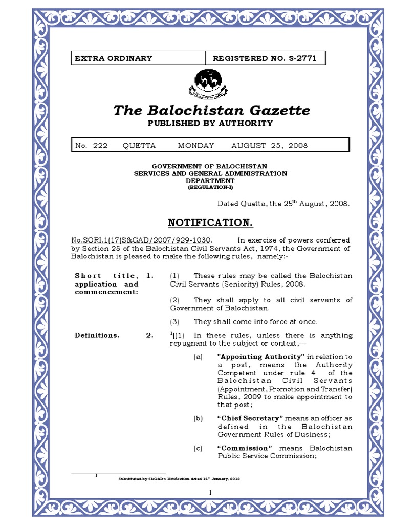 Balochistan Civil Servants Seniority Rules 2008 | PDF | Civil Service ...
