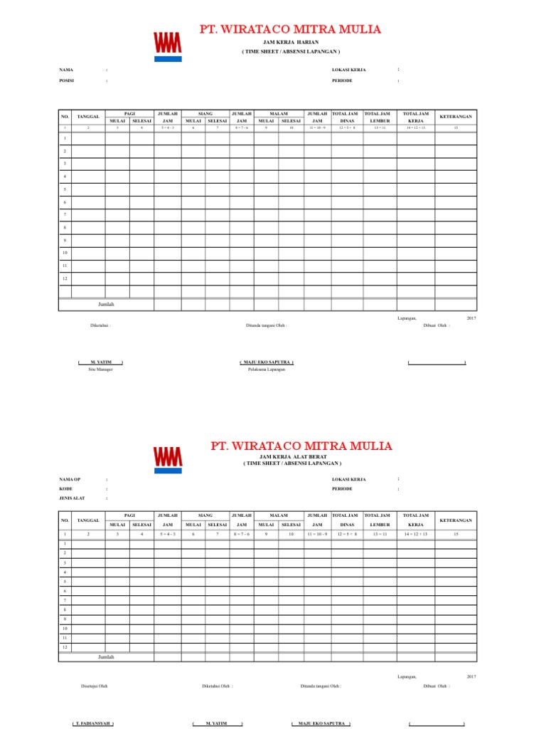 Contoh Time Sheet Alat Berat dan Karyawan | PDF