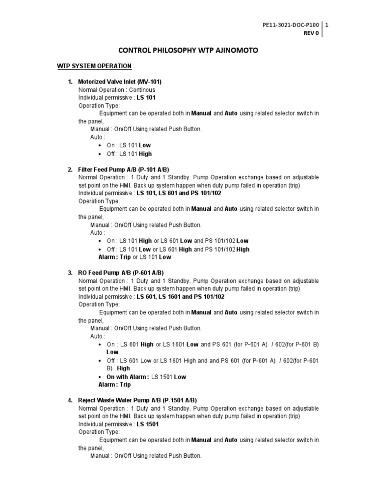 Control Philosophy WTP Ajinomoto | PDF | Switch | Pump
