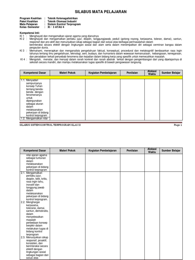 Silabus Mapel Sistem Kontrol Terprogram Kelas XI | PDF