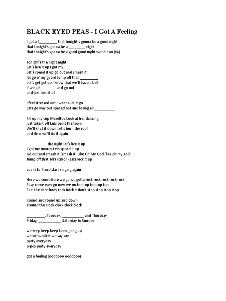 Black Eyed Peas - I Got A Feeling | Download Free PDF | Songs ...