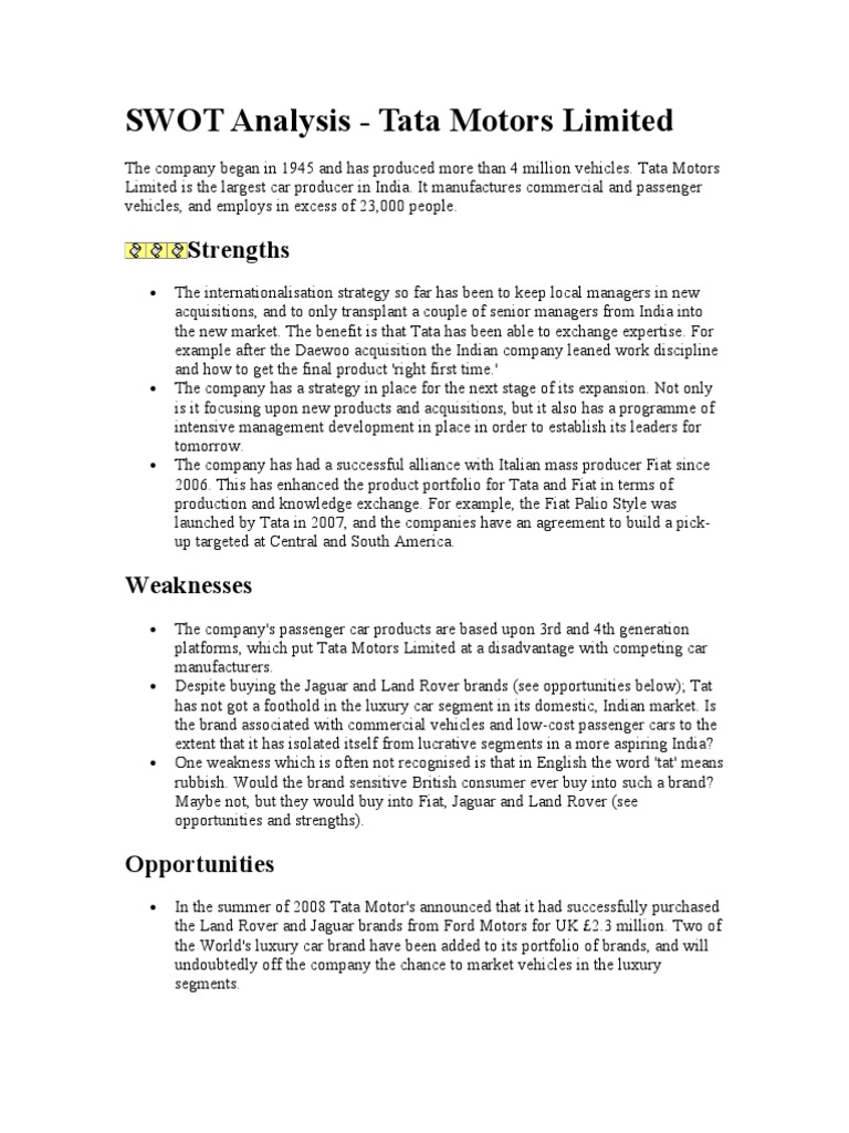 SWOT Analysis - Tata Motors Limited: Strengths | PDF | Luxury Vehicles ...