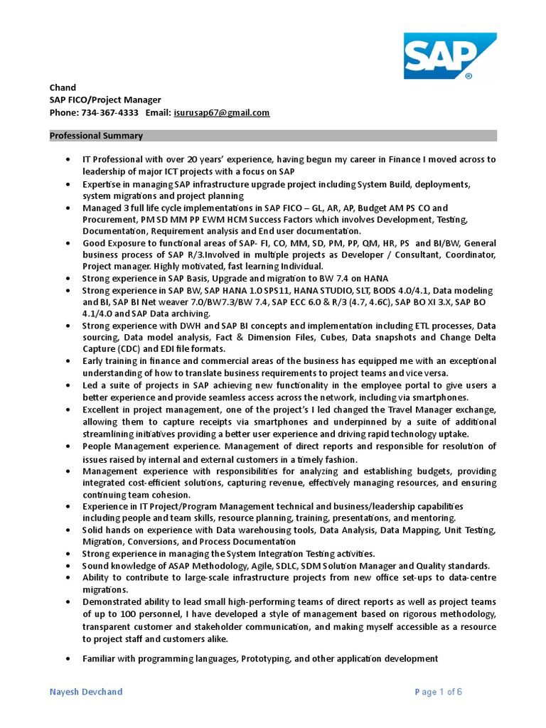 A Detailed Resume Showcasing Extensive Experience in SAP FICO, Project ...