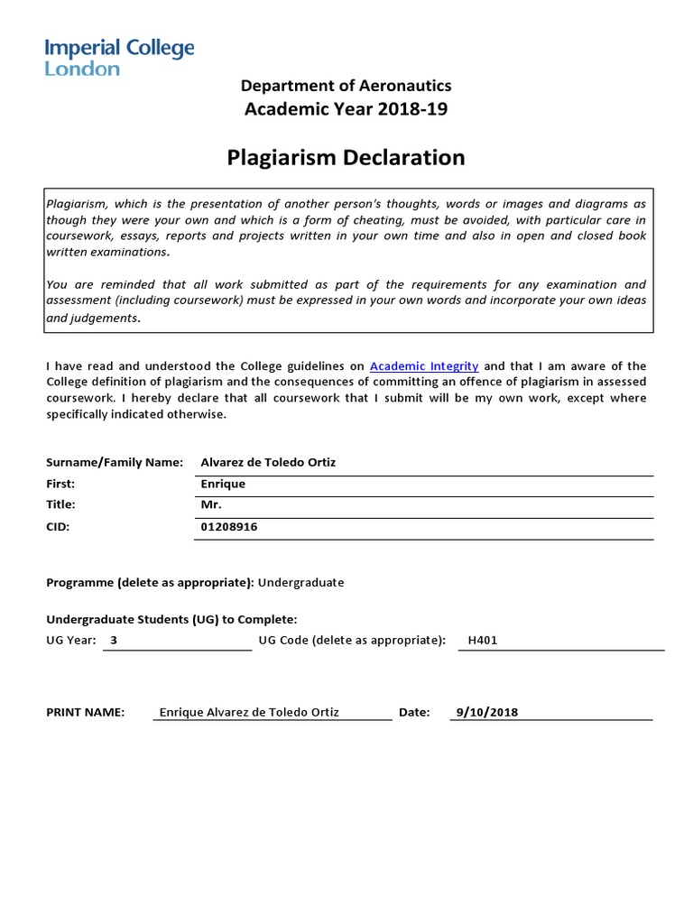 Plagiarism Form 2018-19 PDF | PDF