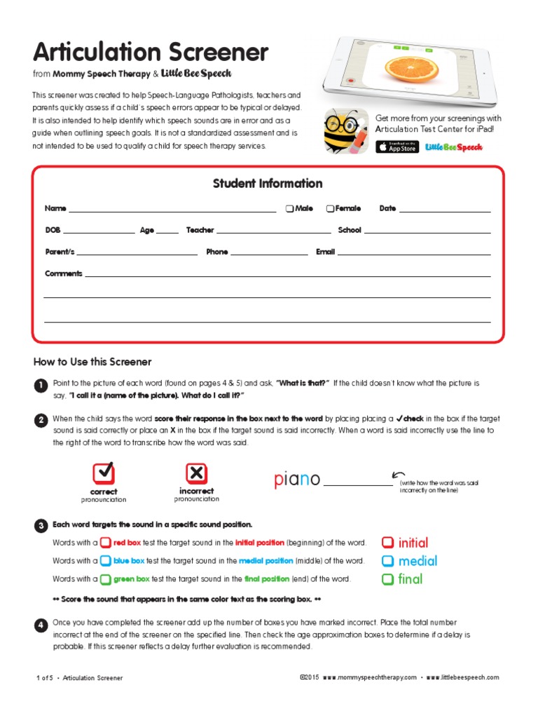 Articulation Screener | PDF | Speech Language Pathology | Cognitive Science
