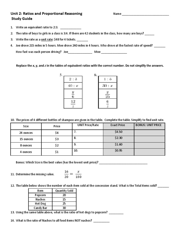 Unit 2 Study Guide | PDF | Ratio | Teaching Mathematics
