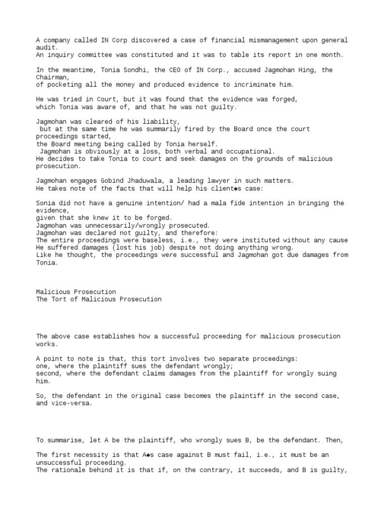 Malicious Prosecution | PDF | Damages | Tort