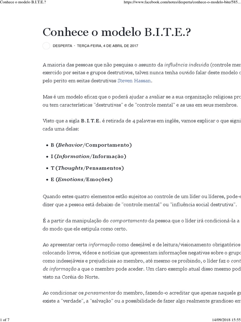 Conheça o modelo BITE de controle mental | PDF | Seita | Pensamento