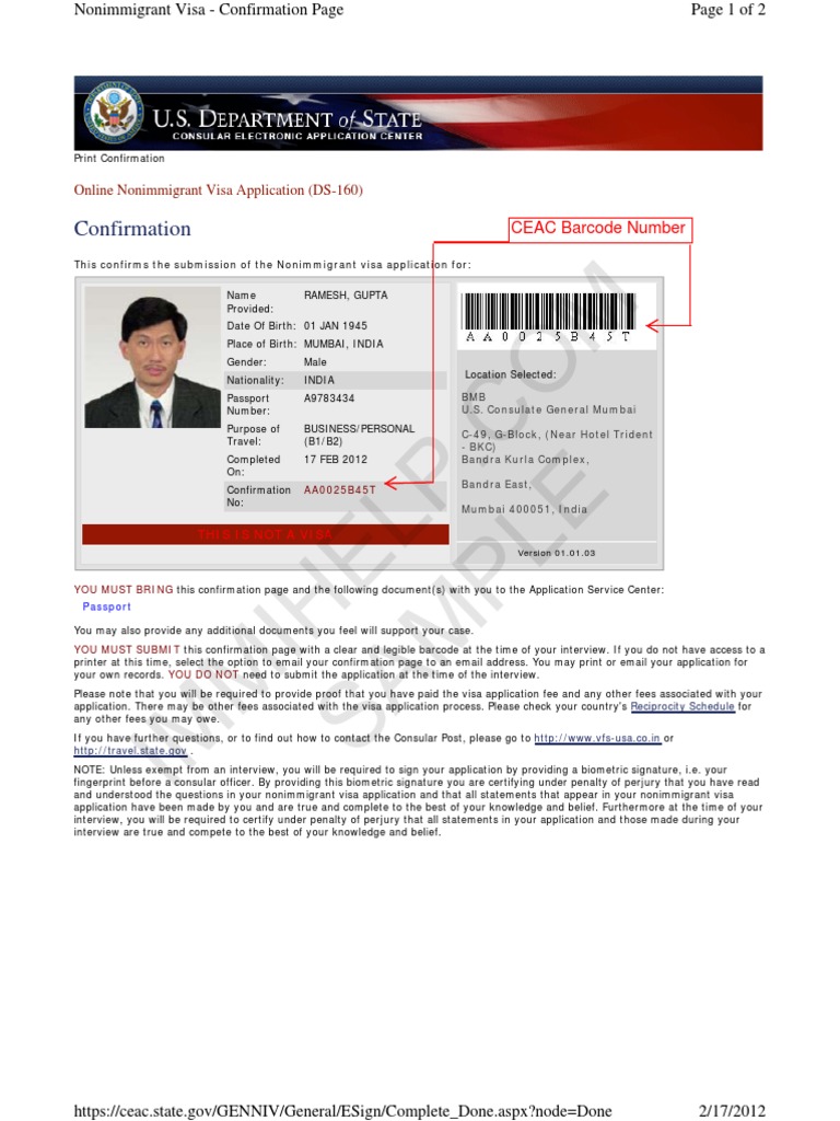 Sample Us Visa Ds 160 Form Confirmation Page PDF | PDF | Travel Visa ...