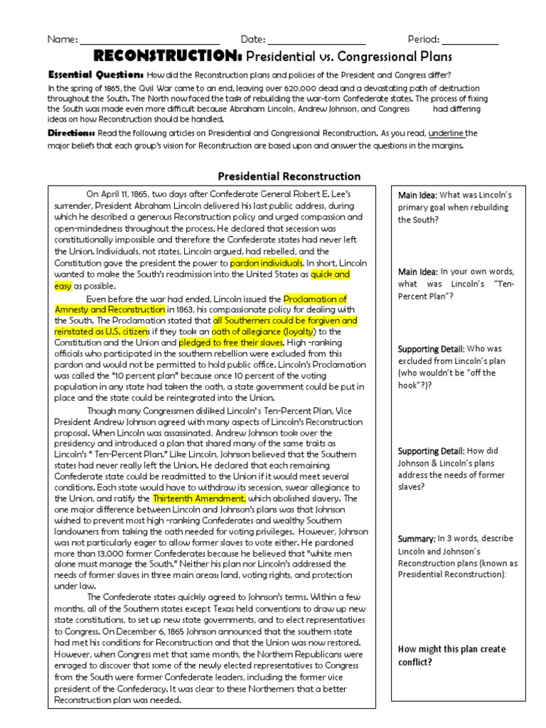 Presidential vs. Congressional Reconstruction | PDF | Reconstruction ...