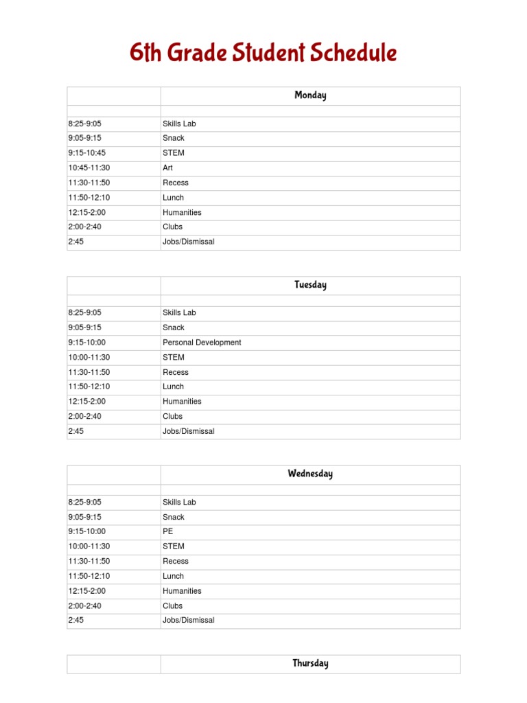 Grade 6 Student Schedule 2018-2019 | PDF | Home & Garden