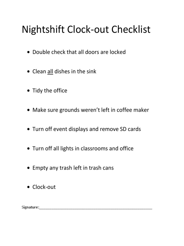 Nightshift Clock-Out Checklist: Signature | PDF