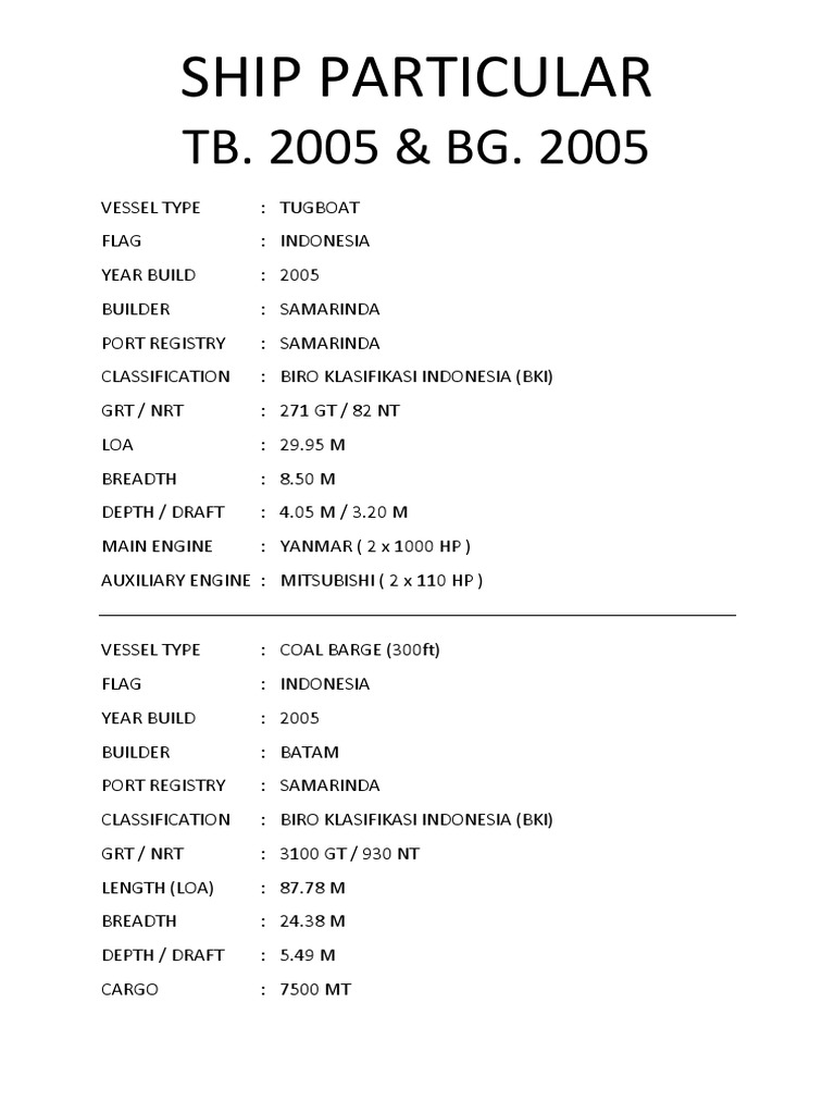 Ship Particular TB 2005 & BG 2005