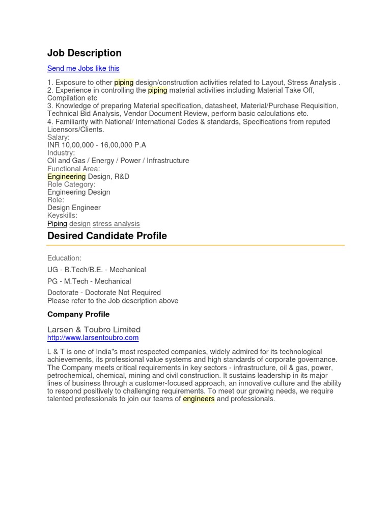 Design Engineer Job in Piping Sector | PDF | Computers