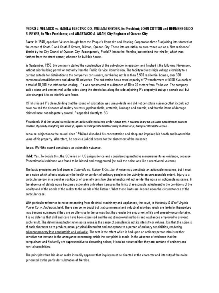 Velasco Vs Meralco | PDF | Nuisance | Noise