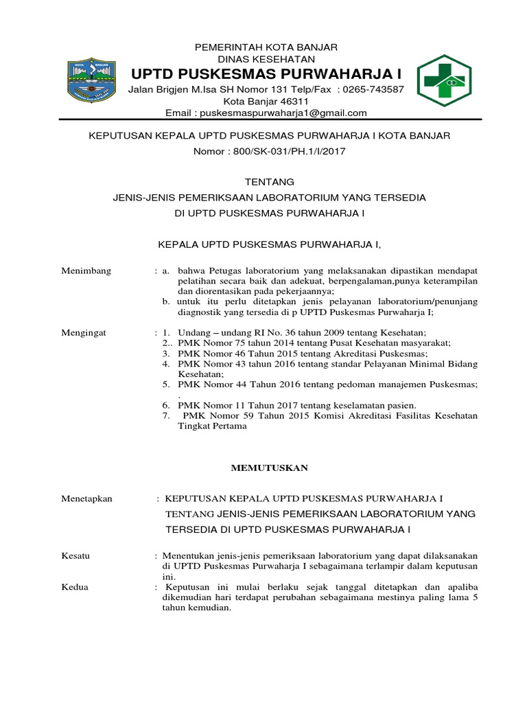8.1.1.1 SK Jenis-Jenis Pemeriksaan Laboratorium Yang Tersedia | PDF | Sains & Matematika