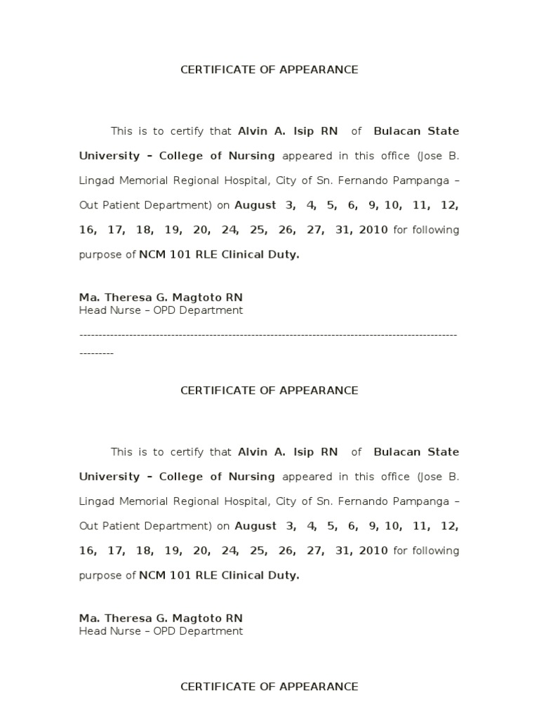 Appearance Certificate Blank