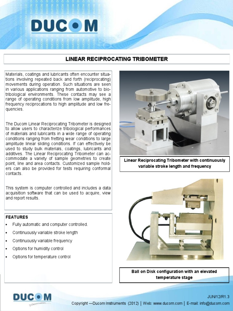 DUCOM Linear-Reciprocating-Tribometer PDF | PDF | Wear | Lubricant