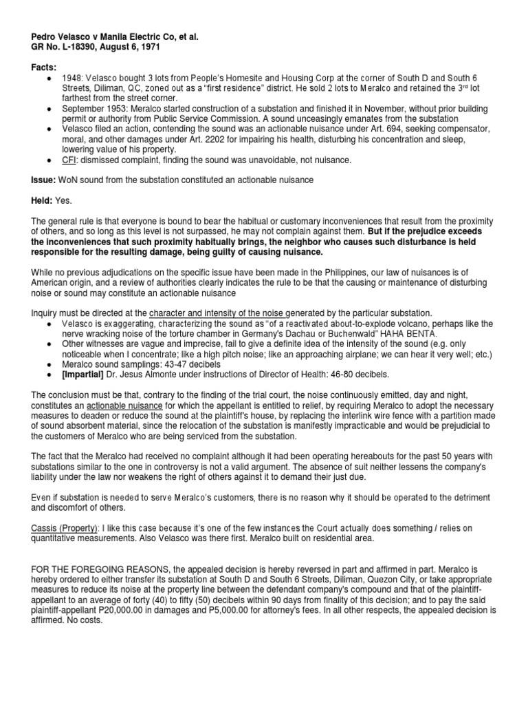 Velasco v Meralco: Nuisance Ruling | PDF | Nuisance | Lawsuit