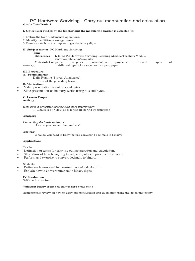PC Hardware Servicing - Carry Out Mensuration and Calculation | PDF ...