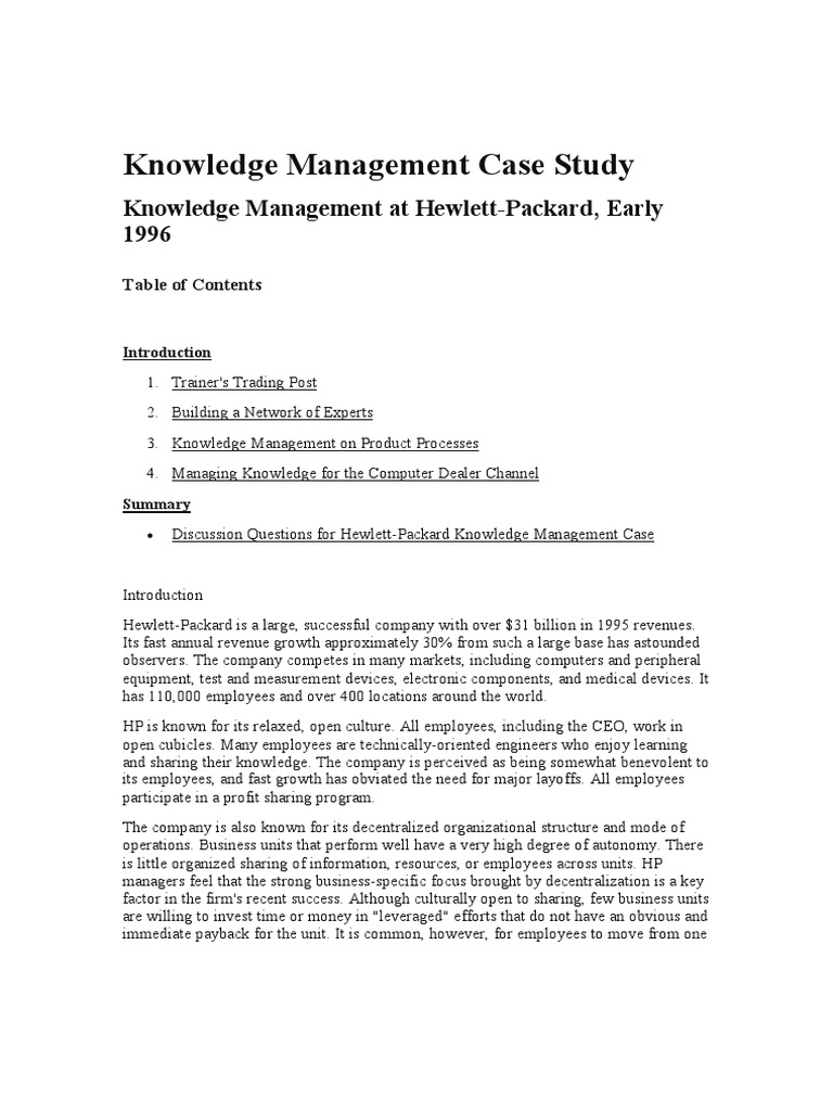 Hewlett Packard Case Study | PDF | Hewlett Packard | Knowledge Management