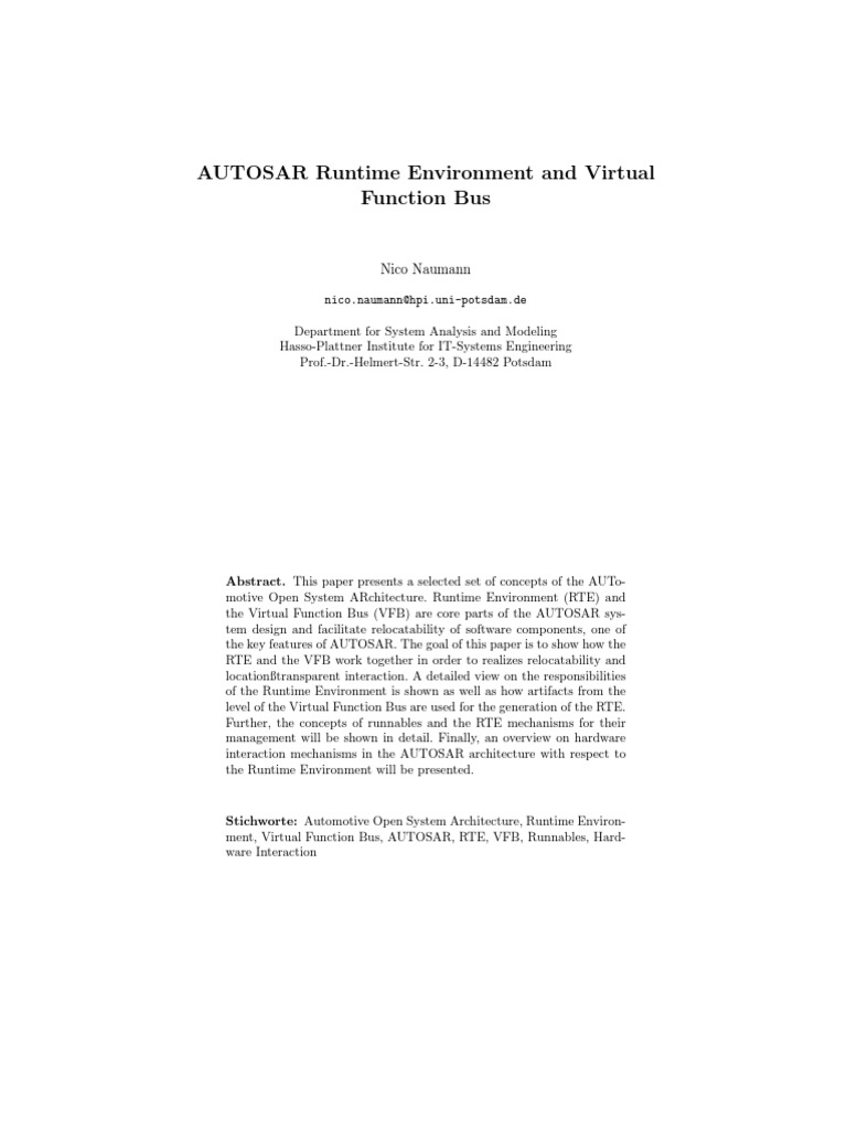Autosar Runtime Environment And Virtual Function Bus Nico Naumann Pdf Runtime System